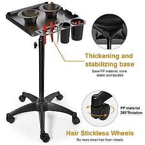 Salon Tray on Wheels with 2 Magnetic Bowls, Rolling Metal Aluminum Tray Cart Height Adjustable for Hair Stylist, Hair Extension Tool Tray, Tattoo Tray with Hair Stickless Wheels