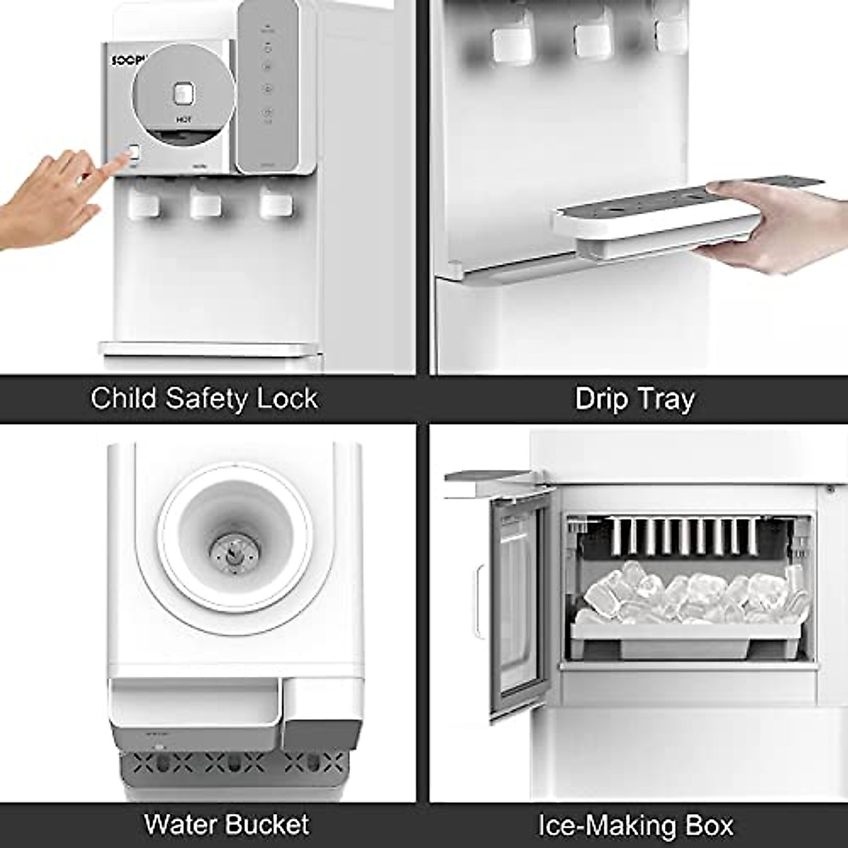 SOOPYK Hot and Cold Water Dispenser with Ice Maker for 5 Gallon Bottle Water Cooler Dispenser Built-in Ice Maker 27 lbs in 24 hrs with Child Safety Lock