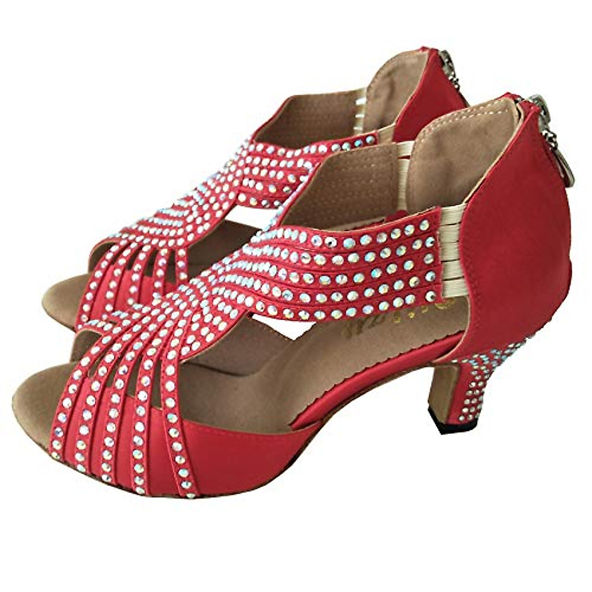 Womens Latin Salsa Dance Shoe 2.5 Inches Cuban Heel Open Toe Ballroom Sexy Evening Socials Indoor Soft Sole Party Dancing Sandals with Rhinestones (Red, Numeric_10)