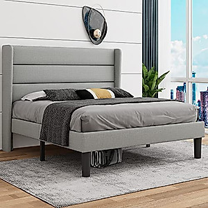 iPormis Queen Upholstered Bed Frame with Wingback, Platform Bed Frame with Storage Headboard, Wood Slats Support, No Box Spring Needed, Noise-Free, Easy Assembly, Light Gray