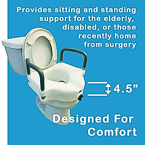 Carex 4.5 Inch Raised Toilet Seat with Arms - For Elongated Toilets, Elevated Toilet Riser with Removable Padded Handles, Easy On and Off, 300lb Weight Capacity, White