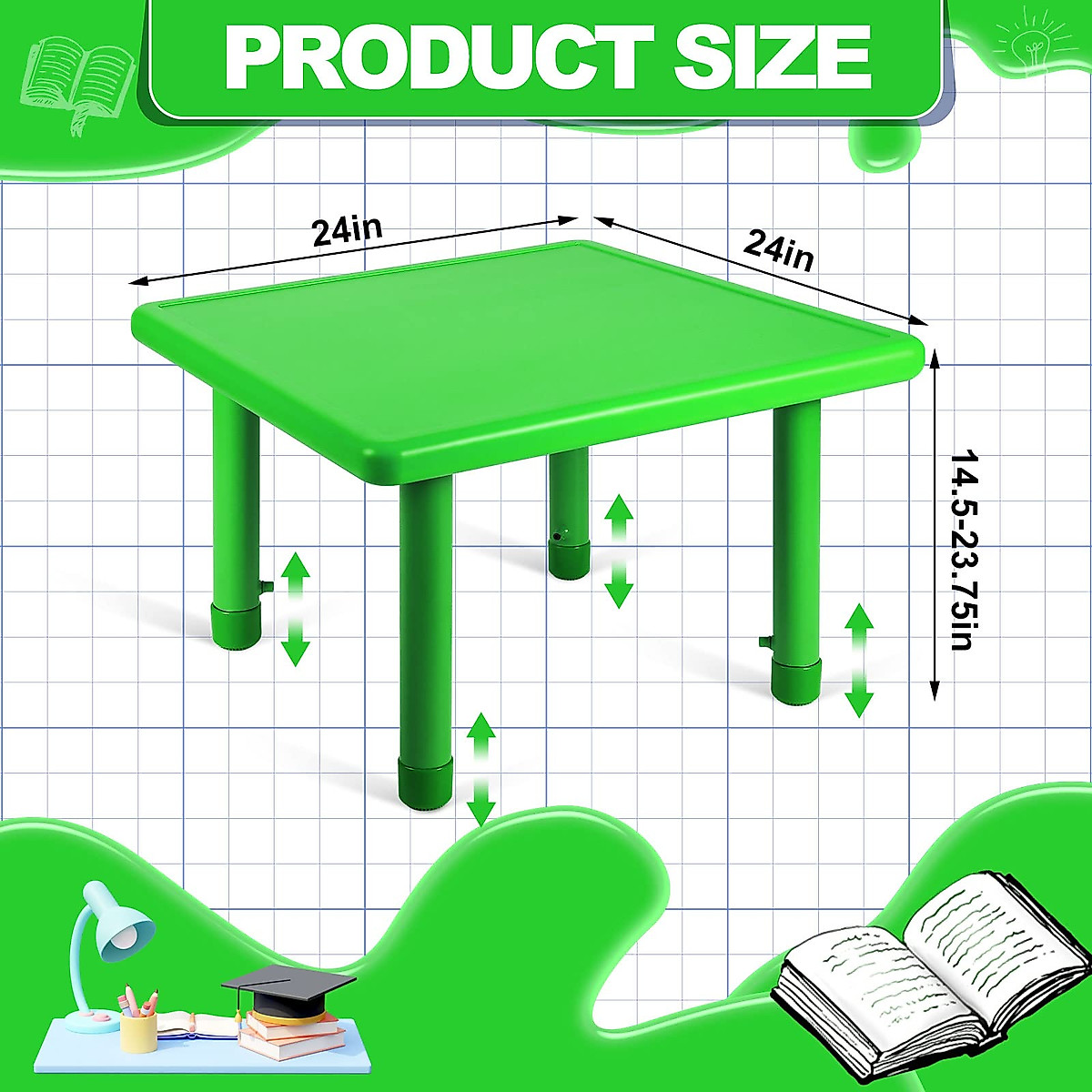 Plastic Classroom Table 24'' Square Height Adjustable Activity Table Classroom Furniture Waterproof Activity Desk for Kids Preschool Daycare School (Green)