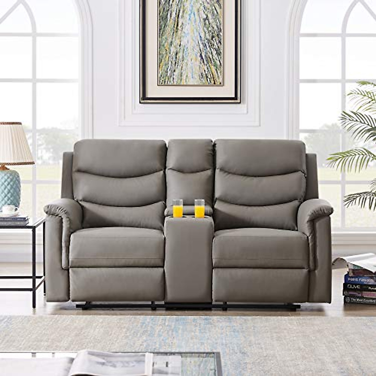 ERYE Faux Leather Manual Motion Reclining Loveseat Sectional Sofa Couch with 2 Cup Holders and Two Recliner Chaise,PU Wall Hugger Sofa & Couch for Home Theater Apartment RV Living Room Furniture Sets