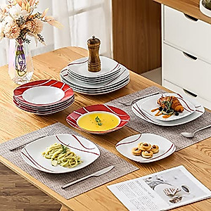 MALACASA Dinnerware Sets, 18-Piece Porcelain Square Dishes, Gray White with Red Rim, Modern Dish Set for 6 - Plates and Bowls Sets, Ideal for Dessert, Salad, and Pasta - Series FELISA