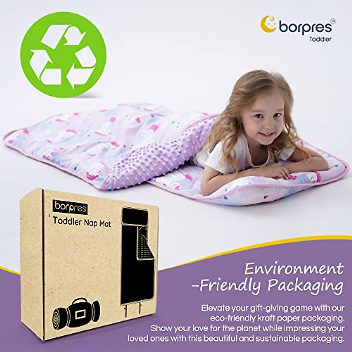BORPRES Toddler Nap Mat-Nap Mats for Preschool Daycare Boys Girls,Kids Sleeping Mat with Removable Pillow and Blanket,Extra Thick Large Slumber Bag for Travel Camping,Unicorn.