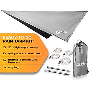 Foxelli Hammock Rain Fly - Waterproof Lightweight Tent & Hammock Rain Tarp for Camping, Backpacking w/Easy Setup Including Extra Long Guy Lines & Stakes