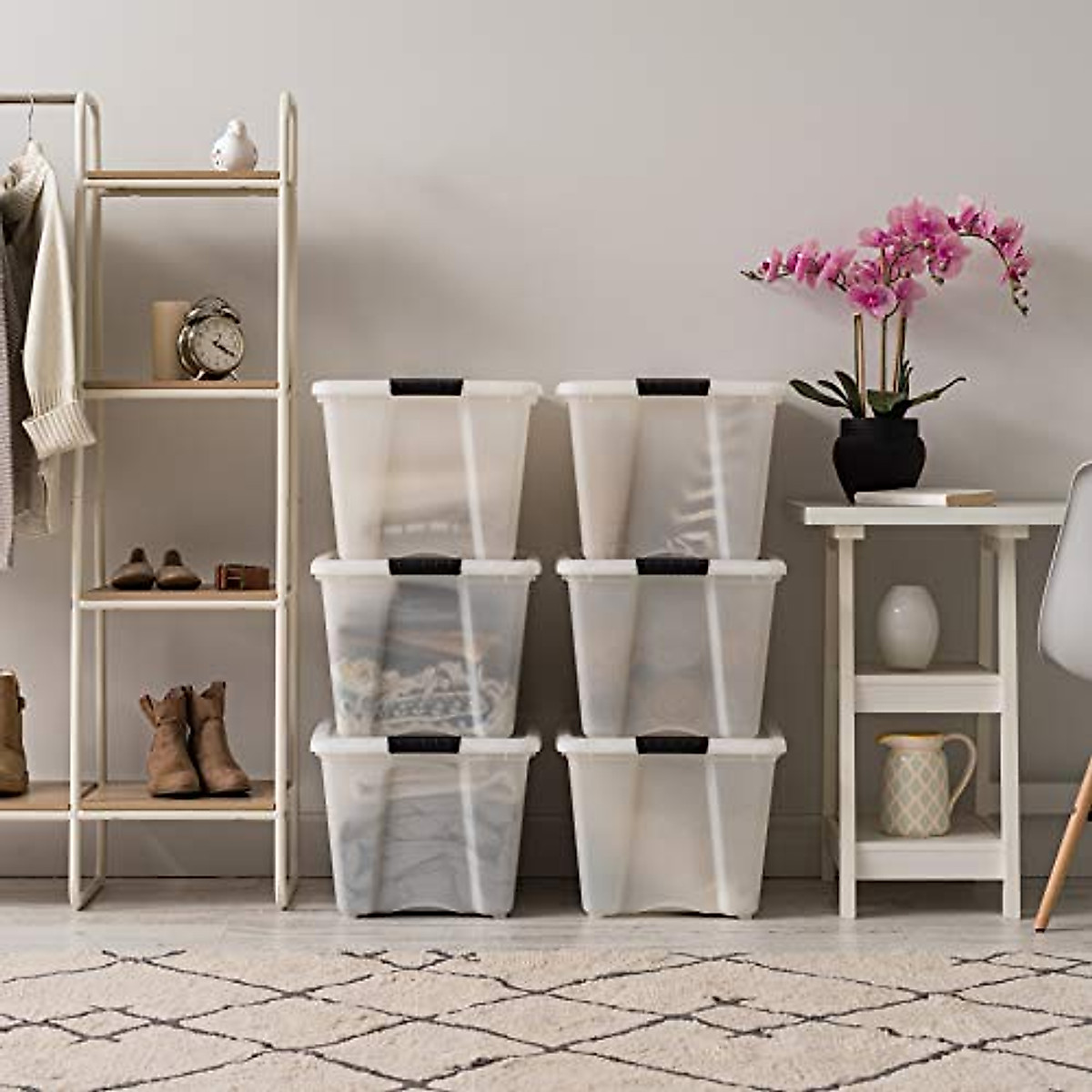 IRIS USA 54 Qt Stackable Plastic Storage Bins with Lids, 6 Pack - BPA-Free, Made in USA - Discreet Organizing Solution, Latches, Durable Nestable Containers, Secure Pull Handle - Pearl