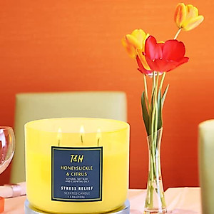 Large 3 Wick Scented Candle - Honeysuckle Citrus Stress Relief Aromatherapy Candle with Grapefruit, Mint & Rose - 15.8 oz Natural Soy Candles for Men and Women - Scented Spring Candles for Home