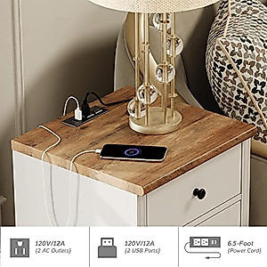 WAMPAT Set of 2 End Table with Charging Station, Wood Nightstands with Drawer and Storage Cabinet, Modern Side Tables Living Room Set of 2, Farmhouse Night Stands Bedside Table for Bedroom, White