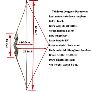 60 Inch Black Hunter Takedown Longbow 20-60lbs Traditional Wood Longbow Right Hand and Left Hand American Hunting Longbow for Outdoor Hunting Shooting (40 Lbs, Left Hand Bow)