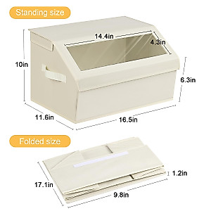 DIMJ Closet Storage Bins with Lids, Storage Boxes with Front Window, Foldable Fabric Storage Bins, Closet Organizers and Storage for Clothes Towels Shelves, 4 Pack Beige