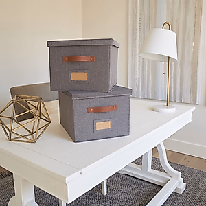 ZICOTO Decorative File Organizer Box Set of 2 - Collapsible Linen Filing Cabinets w/Handles Are Perfect to Store all Your Documents & Hanging File Folders - Portable Easy Slide Crates with Lid