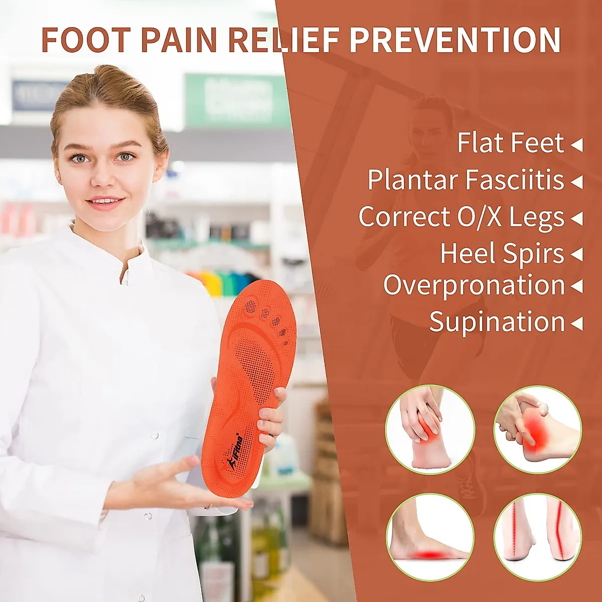 STSVZORR High Arch Support Insert Plantar Fasciitis Flat Foot Orthopedic Pain Relief Insole Men Women Standing All Day,Size US-12,length-30.5cm,Bright Orange
