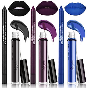 NewBang 3Pcs Dark Black Blue Purple Lipstick and Lipliner,Matte Liquid Lipstick Set,Black Lip Stain Lip Gloss and Lip Liner Waterproof Longlasting Lip Halloween Christmas Makeup