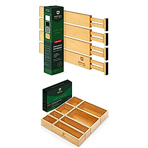 ROYAL CRAFT WOOD Large Adjustable Bamboo Drawer Dividers Organizers with Bamboo Storage Box Set of 8