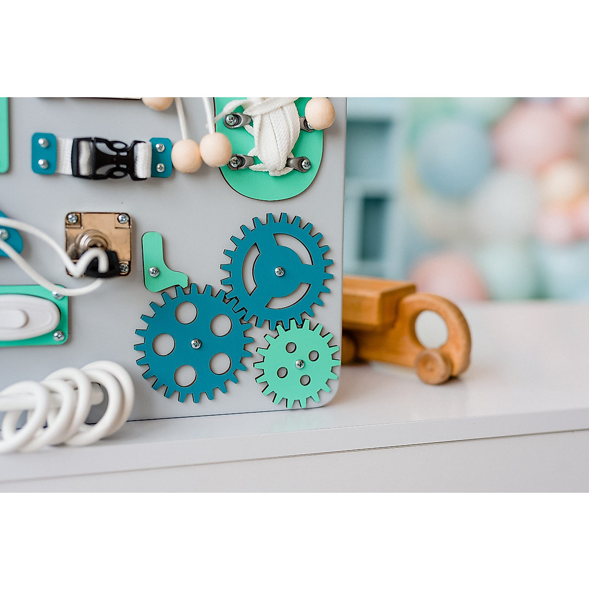 Sensory and Activity Busy Board for Toddlers - Made in Ukraine BD Gift for Boy and Girl, Baby, Kids, Children - Learning, Education, Travel (Gray Blue Mint) Wooden