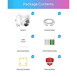 ZOSI 4PK 4K PoE Add On Camera with Ethernet Cables,8MP Weatherproof Outdoor Indoor Dome Security Camera with Person/Vehicle Detection,Night Vision,2 Way Audio,Only Compatible with ZOSI 4K POE NVR