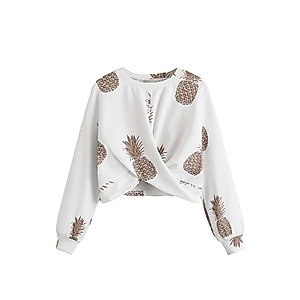 SOLY HUX Girl's Long Sleeve Twist Front Sweatshirt Pineapple Print Pullover Crop Tops White 11-12Y