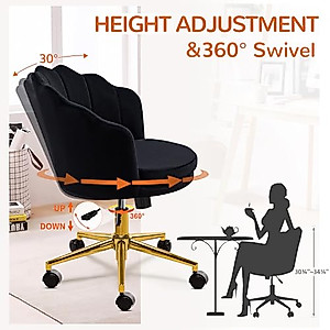 Furniliving Home Office Chair Velvet Desk Chair, Upholstered Modern 360°Swivel Chair with Shell-Shaped Back, Rolling Wheels for Office, Study, Vanity, Bedroom(Black)