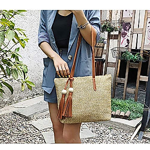 QTKJ Women Summer Straw Beach Bag Handwoven Big Tote Leather Shoulder Bag Handbag with Beaded Tassel Decorate (Khaki)