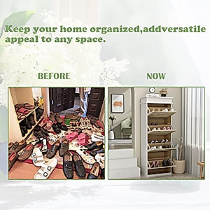 AGOTENI Tall Shoe Cabinet with 4 Flip Drawers, Narrow Storage Cabinet, Wood Shoe Storage for Hallway Entrance, White+Natural (21.7”W x 9.8”D x 64”H)