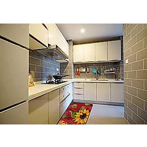 Kuizee Kitchen Rug Kitchen Mat Sunflower Floral Red Stripes Bathroom Rug Hallway Entry Rugs Non Slip Soft Water Absorbent 39×20 Inch