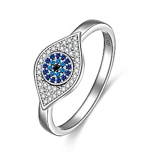 LOVGIFSET Evil Eye Ring Evil Eye Rings for Women Sterling Silver Greek Turkish Blue Eyes Blue Sapphire Protection Mal De Ojo Greek Nazar Amulet Jewelry Size 7
