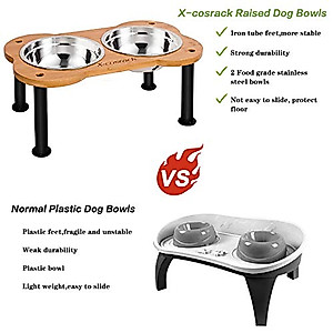 Elevated Dog Bowls, Unique Bone Shape Bamboo Raised Pet Bowls& Cats Dogs Food and Water Stand Pet Feeder, with 2-Pack Stainless Steel Bowls, for Pets Medium Dogs Cats, 16.46” W x 9.84” D x 7.09” H