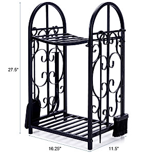 Sturdy Firewood Rack Fireplace Tools Set with 4 Fireplace Accessories Brush Shovel Poker Tong, Vertical Design 2 Shelves Log Storage Rack Holder, Holds a Great Amount of Wood Fireside Logs