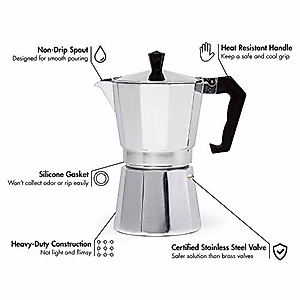 Primula Classic Stovetop Espresso and Coffee Maker, Moka Pot for Italian and Cuban Café Brewing, Greca Coffee Maker, Cafeteras, 6 Espresso Cups, Silver