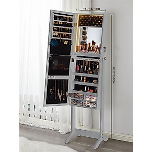 LUXFURNI LED Jewelry Organizer, Standing Jewelry Storage Cabinet with Full-Length Mirror, Lockable Jewelry Armoire with Drawers, Grey, 60.2''H*18.7''L*14.4''W (STELLA6GS)