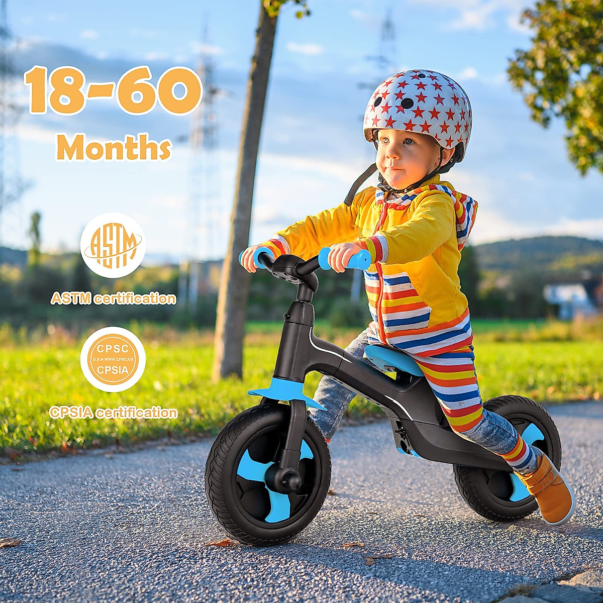 BABY JOY 5 in 1 Toddler Tricycle, Folding Kids Trike Baby Balance Bike w/Adjustable Steering Push Handle, Removable Pedals & Detachable Auxiliary Wheels, Ride-on Toy for 18-60 Months Boys Girls, Blue