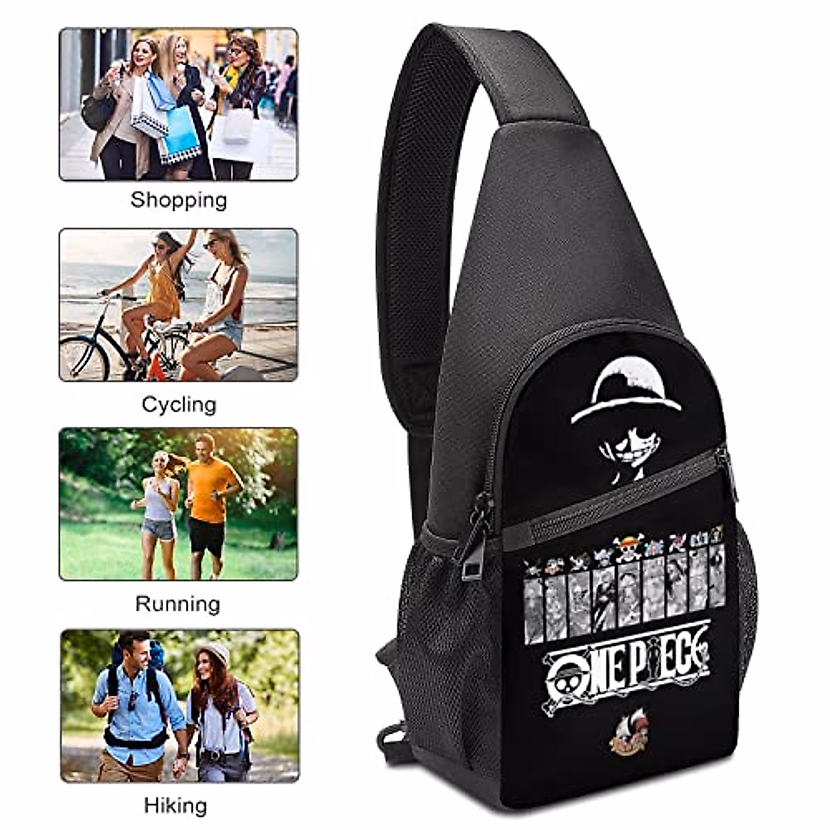 Small Sling Crossbody Bag Anime Printing Multifunction Chest Shoulder Bag Waterproof Hiking Travel Bag with Adjustable Strap for Women Men (Black)