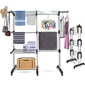 Drying Rack Clothing,Clothes Drying Rack with Casters,4-Tier Expandable Clothes Horses Rack,Collapsible Laundry Drying Rack,Movable Air Drying Rack,Oversized Laundry Racks for Indoor Outdoor