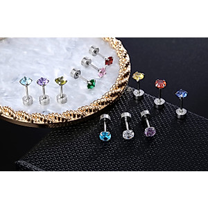 Leocuci Stainless Steel Flat Back Stud Earrings for Women Screw Back Twist Cartilage Earring Surgical Steel Colorful CZ Earrings 20g 4mm