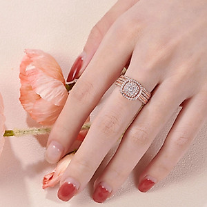 SHELOVES Womens Double Halo Rose Gold Wedding Engagement Ring Set 925 Sterling Silver Cubic Zirconia Sz 7