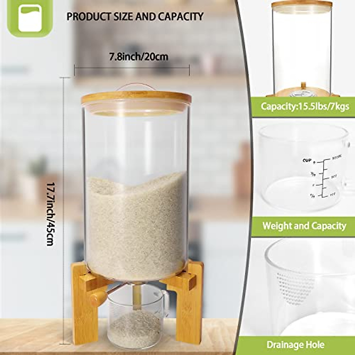 Csyidio 8.8L Rice Dispenser with Stand and Measuring Cup, Glass Rice Dispenser Cereal Dry Food Storge Container for Kitchen Pantry Organization