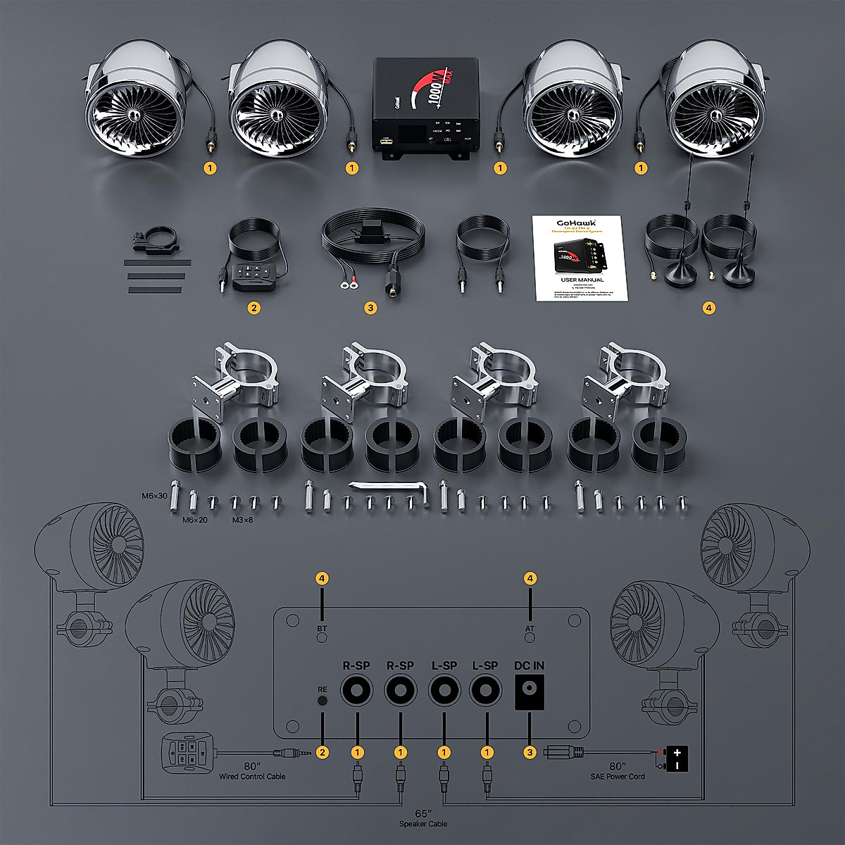 GoHawk TJ4-Q 1000W 4 Channel Amplifier 4" Full Range Waterproof Bluetooth Motorcycle Stereo Speakers Audio System AUX USB SD Radio for 1-1.5" Handlebar Harley Touring Cruiser ATV