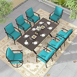 RTDTD 9 Pieces Outdoor Dining Set Patio Dining Table and Chairs Set Outdoor Furniture Set with 1 Rectangular Metal Dining Table with Umbrella Hole, 8 Patio Chairs with Blue Cushions
