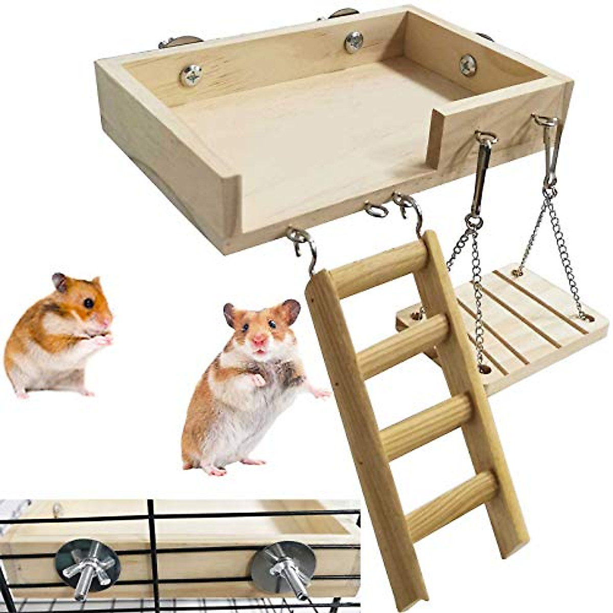 kathson Dwarf Hamster Wood Platform with Ladder Swing Climbing Toys Rat Playground Set Hamster Crawling Cage Accessories for Gerbil Dwarf Rat 5PCS