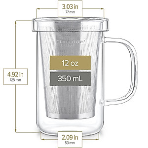 Teabloom Premium Borosilicate Glass Mug with Stainless Steel Loose Leaf Tea Infuser and Lid/Dish - 12 Ounces (350 mL)