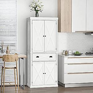 HOMCOM Freestanding Modern Farmhouse 4 Door Kitchen Pantry Cabinet, Storage Cabinet Organizer with 6-Tiers, 1 Drawer and 4 Adjustable Shelves, White