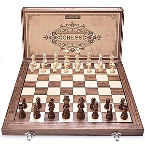AMEROUS 15 Inches Magnetic Wooden Chess Set with 2 Extra Queens/Folding Board/Chess Pieces Storage Slots/Instructions, Portable Travel Chess Game for Beginner/Classic Board Game