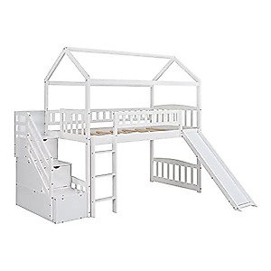 Merax Twin Loft Bed with Two Drawers and Slide, Wood House Bed with Roof and Guardrails for Boys & Girls (White)