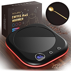 MQUPIN Coffee Warmer, Coffee Cup Warmer for Desk Auto Shut Off, Smart Candle Warmer with Temp Display & 1-12 Hours Timer- 1 Gold Coffee Spoon & 1 Black Insulating Mat Included (Black)