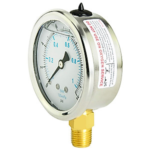Taisher Liquid Filled Pressure Gauge, 0-15psi/kpa, 304 Stainless Steel Case, 1/4"NPT Lower Mount