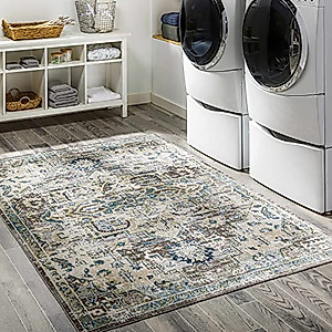 Hauteloom Cabacungan Traditional Persian Medallion Living Room Bedroom Area Rug - Machine Washable Distressed Carpet - Bohemian Oriental - Easy to Clean - Blue, Grey, Beige - 6'7" x 9'