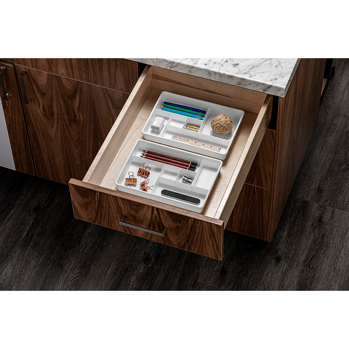 Madesmart Set of 2 Plastic 6-Compartment Drawer Organizer Gadget Trays, Multipurpose Storage Bins for Drawers, White