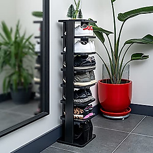 Modeazy 7 Tiers Multi Function Wooden Shoe Rack, Vertical Shoe Rack for Entryway, Shoes Storage Stand, Modern Shoe Rack Organizer, Home Storage Shelf Organizer (Black, Single 11”Wx10.5”Dx42.5”H)