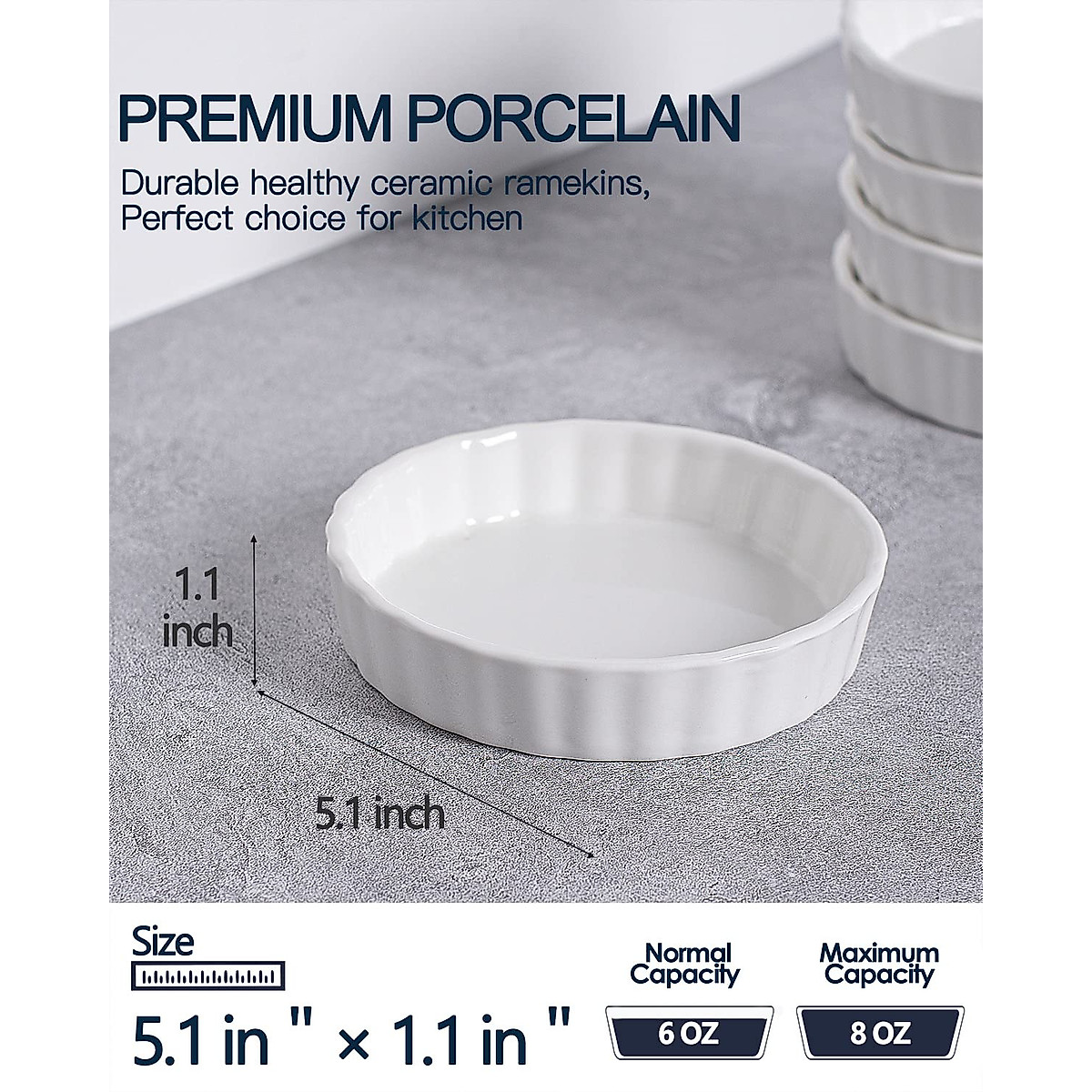 Taeochiy 8 Oz Creme Brulee Ramekins, Porcelain Ramekins Oven Safe, Round Tart Pan Mini Fluted Quiche Dishes, Set of 6, White